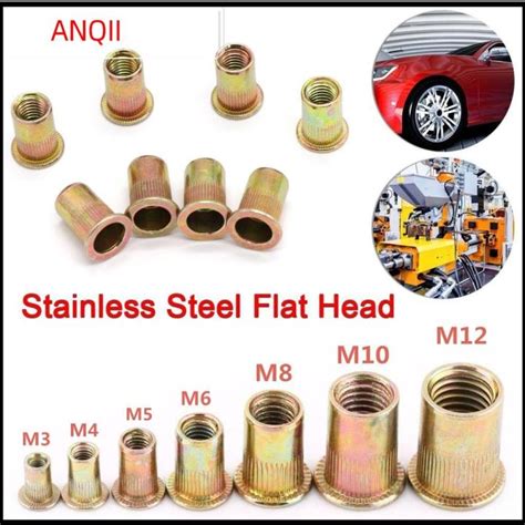 Anqii 10pcs ใส่ Nutsert Cap เหล็กคาร์บอน Rivnut M3 M4 M5 M6 M8 M10 M12 หมุดเกลียว สกรูหัวแบน ทน