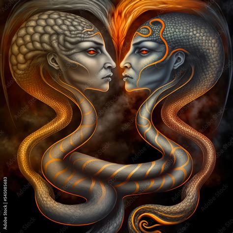 Abstract Humanoid Faces Connected Through Reptilian Bodies Stock