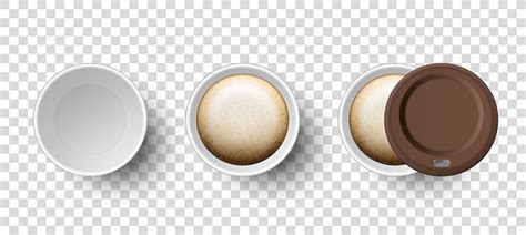 벡터 3d 현실적인 일회용 개봉 및 폐쇄 종이 플라스틱 커피 갈색 플라스틱 뚜껑 아이콘 설정 닫힘 설정 음료용 차 컵 투명
