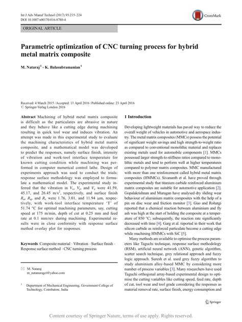 Parametric Optimization Of Cnc Turning Process For Hybrid Metal Matrix Composite Request Pdf