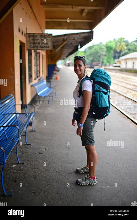 Young Attractive Female Backpacker In Rambukkana Train Station Sri