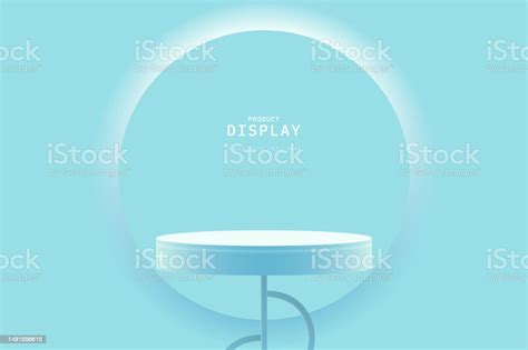 파란색 3d 원형 실린더 스탠드 연단 받침대가 있는 최소한의 벽 장면은 가대 이젤 삼각대 및 파란색 벽에 둥근 원 모양 뒤에 빛이 비치고 있습니다 고급 3d 벡터 기하학적