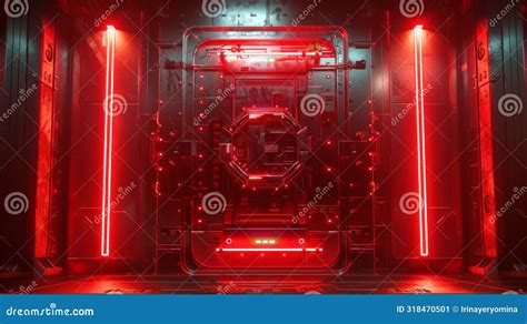 Futuristic High Tech Digital Vault Door In Neon Red Stock Image Image Of Encryption