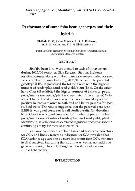 Pdf Performance Of Some Faba Bean Genotypes And Their Hybrids
