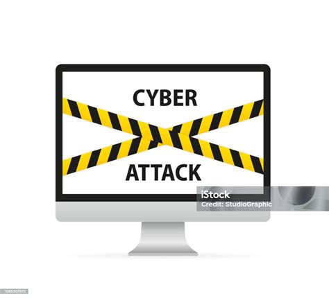 Cyber Attack Computer With Tape Computer Screen With Warning Tape Cybercrime Vector Illustration