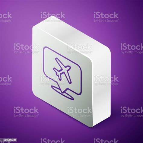 보라색 배경에 고립 된 비행기 여행 아이콘과 등색 라인 음성 거품 비행기 비행 수송 표지판 휴일 기호 실버 스퀘어 버튼 벡터 일러스트레이션 3차원 형태에 대한 스톡 벡터