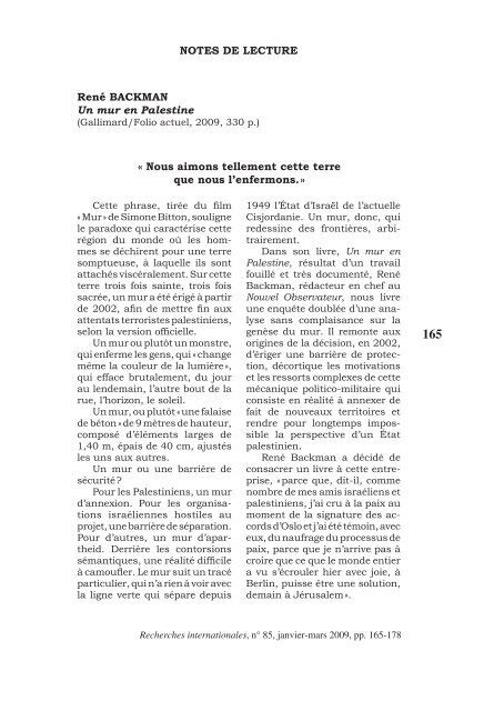 René Backman Un Mur En Palestine Recherches Internationales