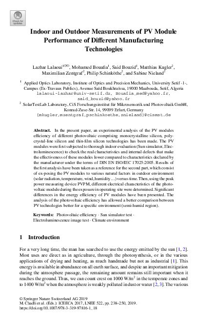 Pdf Indoor And Outdoor Measurements Of Pv Module Performance Of Different Manufacturing