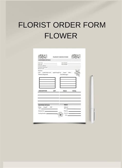 Printable Florist Order Form Flowers Order Form Template Florist Business Order Sheet Etsy