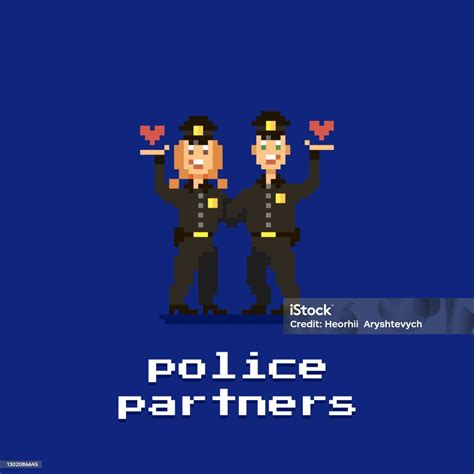 서로 다른 성별의 두 경찰관의 간단한 평면 픽셀 아트 일러스트와 포옹과 손에 마음을 들고 경찰관에 대한 스톡 벡터 아트 및 기타