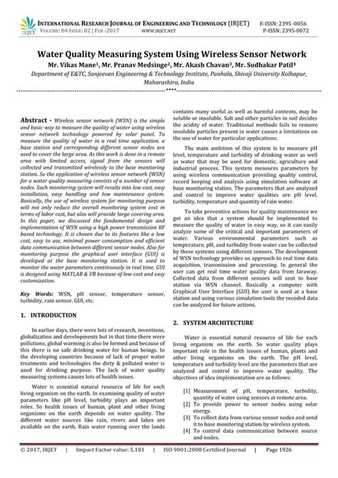Water Quality Measuring System Using Wireless Sensor Network Pdf