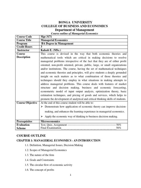 Managerial Economics Course Outline Pdf Economics Business