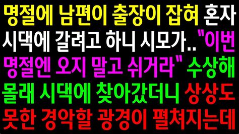 반전사연명절에 남편이 출장이 잡혀 혼자 시댁에 갈려고 하니 오지 말라는 시모수상해 몰래 시댁에 갔더니 상상도 못한 광경이 펼쳐지는데 신청사연 사이다썰 사연라디오