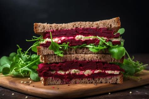 Gourmet Beetroot Sandwich On Wooden Board Premium Ai Generated Image
