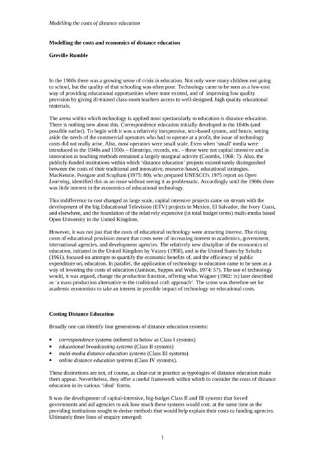 Pdf Modeling The Costs And Economics Of Distance Education