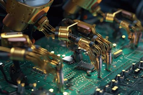 Close Up Of Robot Arms Assembling Circuit Boards Stock Illustration