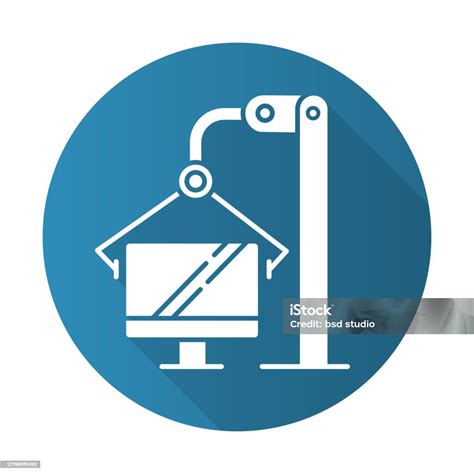 컴퓨터 산업 블루 평면 디자인 긴 그림자 문벌 아이콘입니다 정보 기술 모니터 공장의 생산 공정 전자 장비 제조 벡터 실루엣 일러스트레이션 0명에 대한 스톡 벡터 아트 및