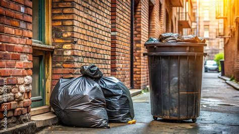 Full Garbage Bag Next To Overflowing Trash Can In City Alleyway Waste
