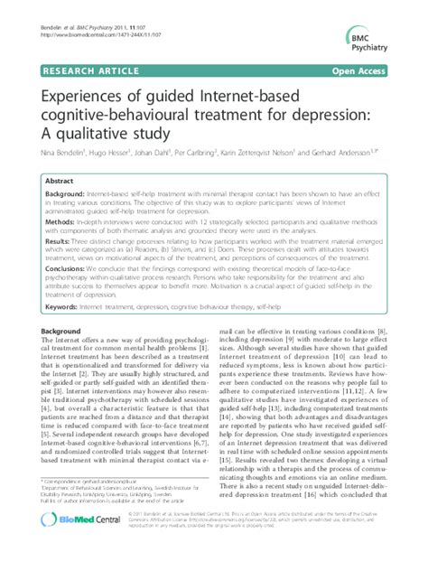 Pdf Experiences Of Guided Internet Based Cognitive Behavioural Treatment For Depression A