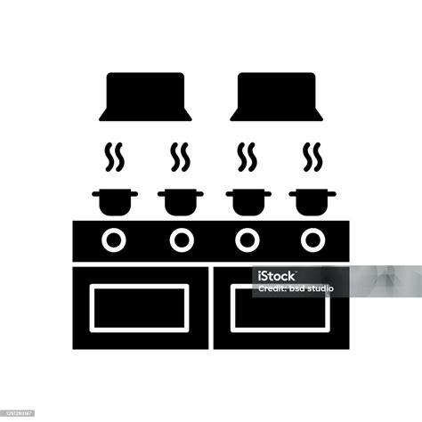 공동 부엌 검은 글리프 아이콘 공용 도미토리룸 요리 스토브 탑의 캐서롤 생활 숙박 시설 레스토랑 카페 공백에 실루엣 기호 벡터 격리 된 그림 가정 주방에 대한 스톡 벡터