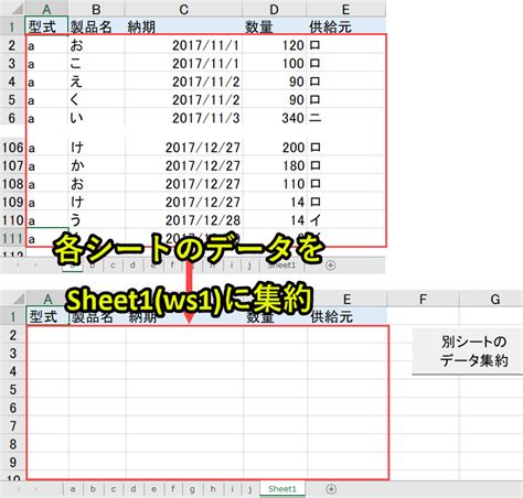 vbaでエクセル内の複数シートのデータを一つにまとめる 集約