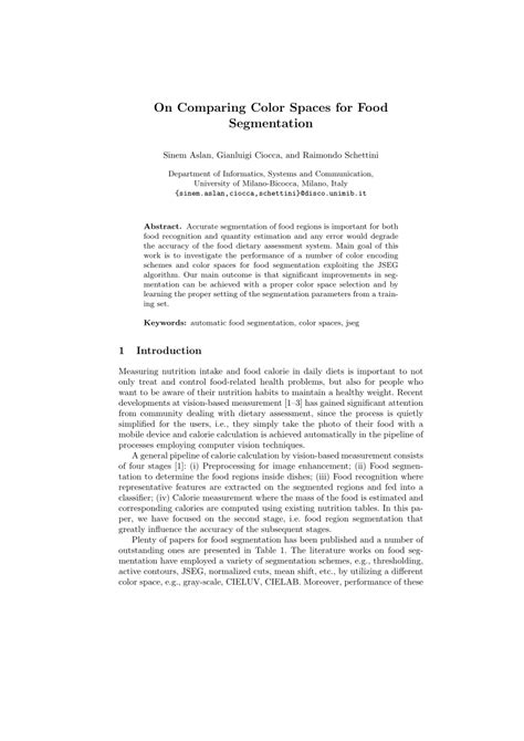Pdf On Comparing Color Spaces For Food Segmentation
