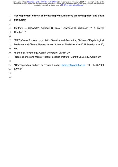 Pdf Sex Dependent Effects Of Setd1a Haploinsufficiency On Development