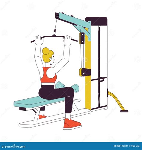 Woman Grasping Bar On Lat Pulldown Machine Flat Line Color Vector
