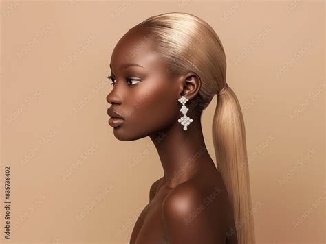 주얼리 다이아몬드 귀걸이 룩북 사진 긴 금발 포니 테일을 한 측면 프로필 프랑스 아프리카 모델 베이지 배경 Stock Foto Adobe Stock