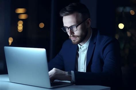 Premium Ai Image Businessman Working Laptop Smart Boss Generate Ai