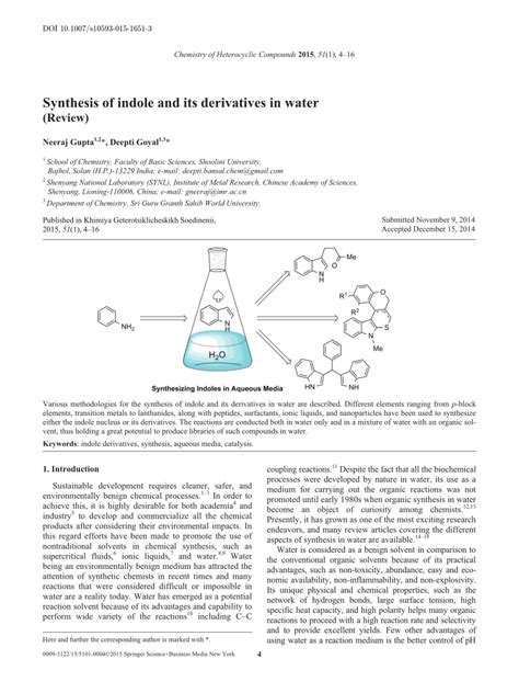Pdf Synthesis Of Indole And Its Derivatives In Water