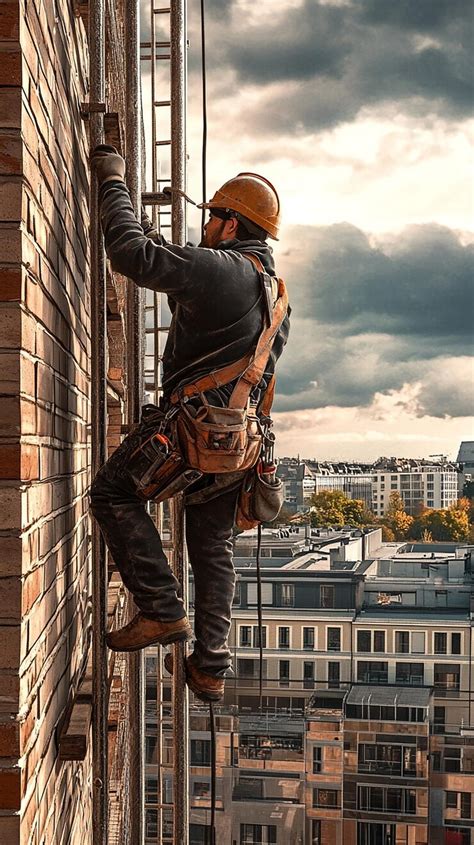Bricklayer On Scaffolding Working At Height Premium Ai Generated Image