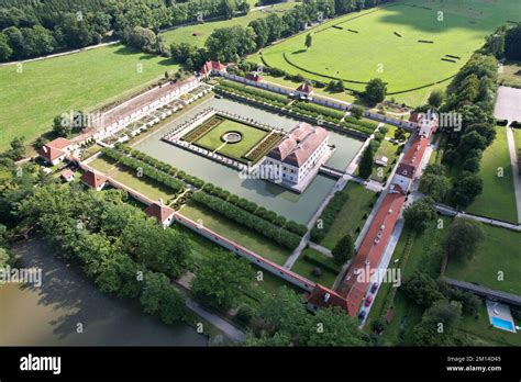 An Aerial View Of Hluboka Castle In The State Chateau Of Hlubok Czech With Green Meadows Stock