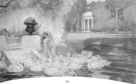A Naked Woman Bathing With Swans A Classical Temple Beyond