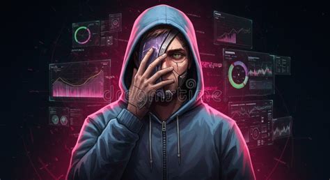 Cyber Hacker Covering Face With Data Visualization In Futuristic