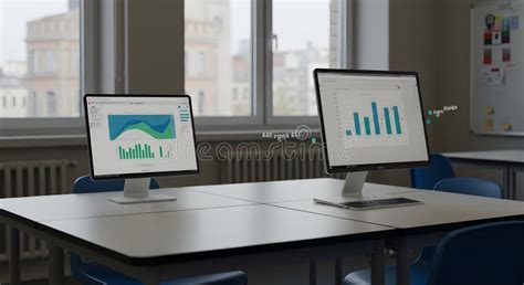 classroom data analysis two computers displaying charts and graphs in