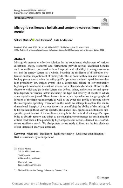 Microgrid Resilience A Holistic And Context Aware Resilience Metric Request Pdf