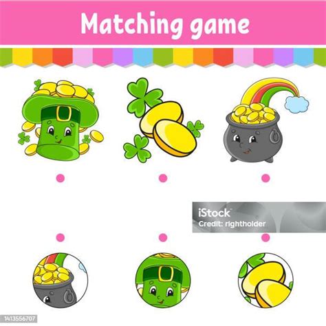 아이들을위한 매칭 게임 교육 개발 워크 시트 선을 그립니다 활동 페이지 만화 캐릭터 벡터 일러스트레이션 성 패트릭의 날 0명에