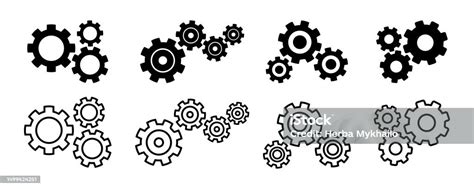 세 개의 기어 벡터 아이콘 세트입니다 흰색 배경에 톱니바퀴 기어 설정 기호 3 명에 대한 스톡 벡터 아트 및 기타 이미지 3 명 검은색 기계 부분 Istock