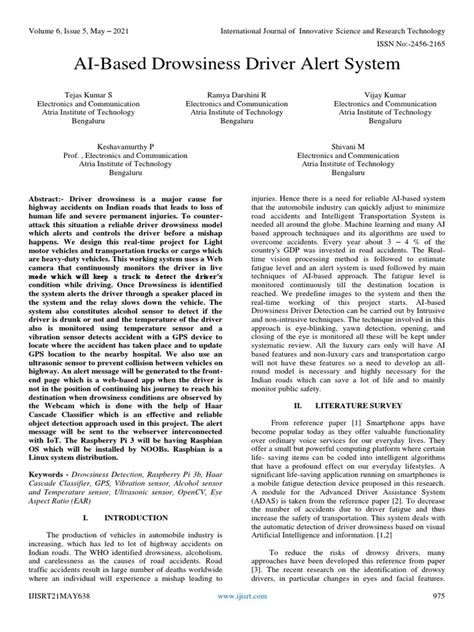 Ai Based Drowsiness Driver Alert System Pdf Raspberry Pi Computer Vision