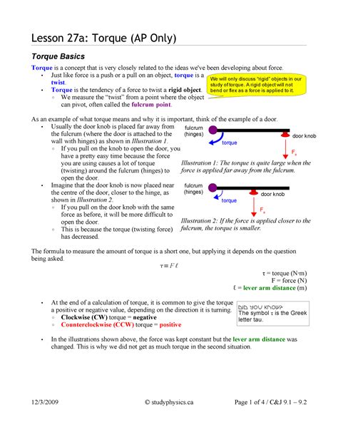 Ap A Torque Detailed Lecture Notes For Physics With Examples Lesson A Torque AP Only
