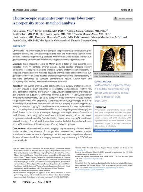 Pdf Thoracoscopic Segmentectomy Vs Lobectomy A Propensity Score Matched Analysis