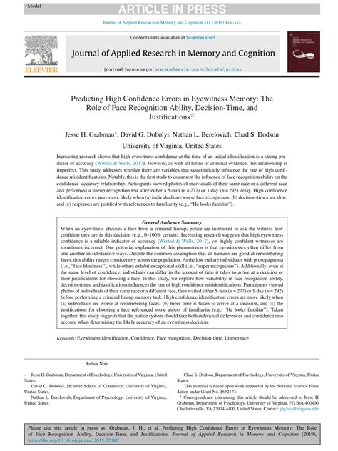 Pdf Predicting High Confidence Errors In Eyewitness Memory The Role Of Face Recognition