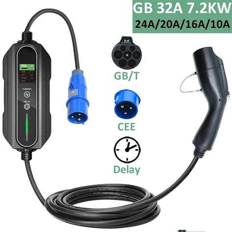 Gbt 자동차 충전기 32a 단상 72kw 타이밍 휴대용 Ev 충전기 전류 조절 가능 전기 자동차 충전 스테이션 5m 케이블 Aliexpress