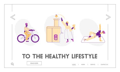 신체 건강 웹 사이트 방문 페이지 자전거를 타고 스포츠 여성 요리에 대 한 주스기 기계를 사용 하 여 체육관 건강 한 라이프 스타일 웹 페이지 배너에서 피트 니스 운동 만화