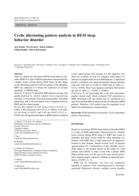 Pdf Cyclic Alternating Pattern Analysis In Rem Sleep Behavior Disorder