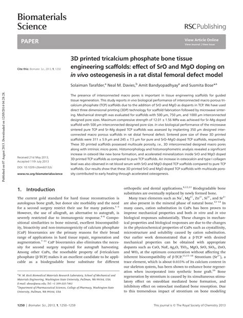 Pdf 3d Printed Tricalcium Phosphate Scaffolds Effect Of Sro And Mgo