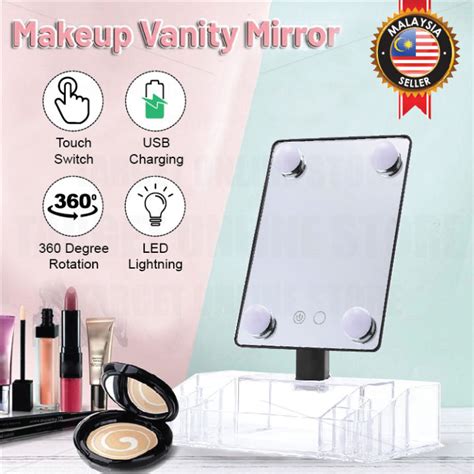 Portable Make Up Mirror With Cosmetic Storage Base 4 Bulb Light Vanity Mirror Cermin Berlampu