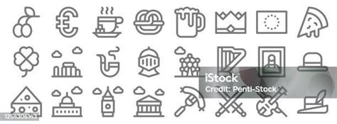 유럽 라인 아이콘 선형 집합입니다 모자 교차 파르테논 치즈 모나리자 파이프 피자 슬라이스 맥주 머그잔 유로 와 같은 품질 벡터 라인 세트 거석에 대한 스톡 벡터 아트 및