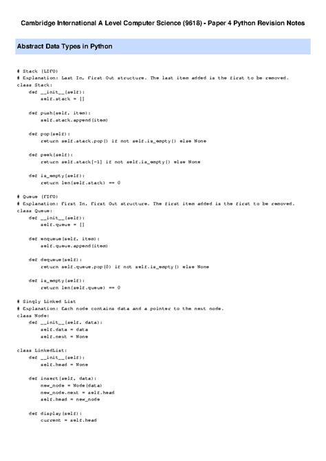 A Level 9618 Paper 4 Python Revision Notes On Data Structures And Oop